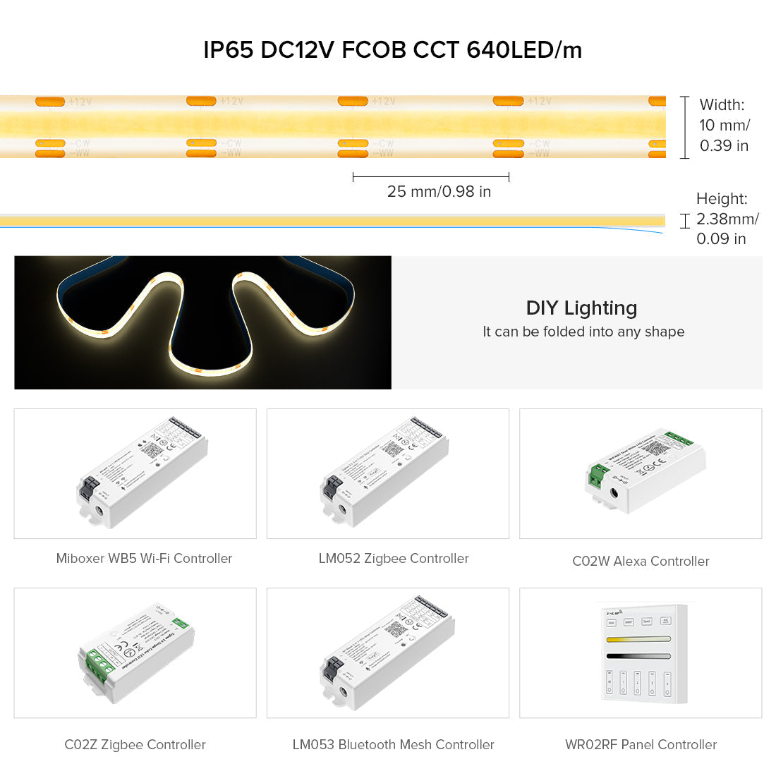 FCOB COB CCT IP65 Waterproof 5M 640 CCT LEDs Flexible Tunable 3000K-60 ...