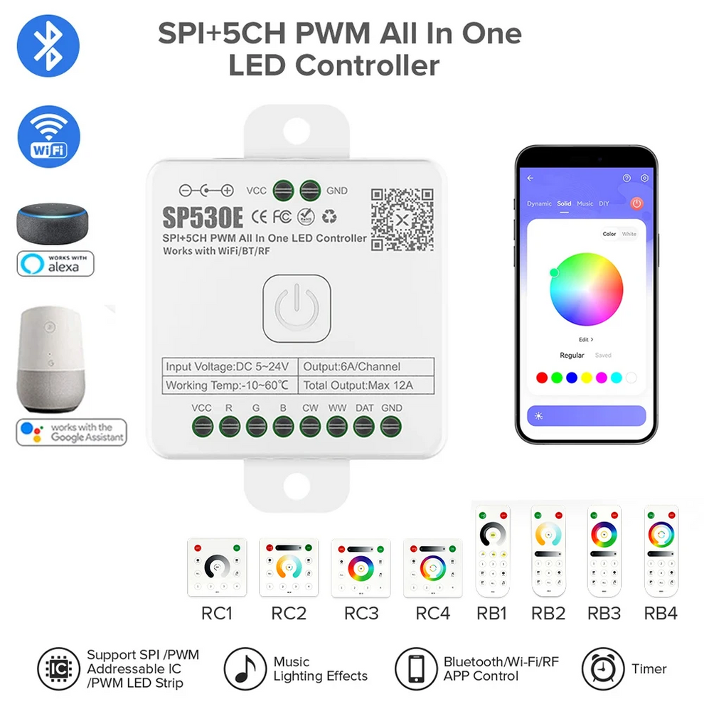 SP530E All In One LED Controller Wifi Alexa Google Home BT 5CH PWM SPI ...