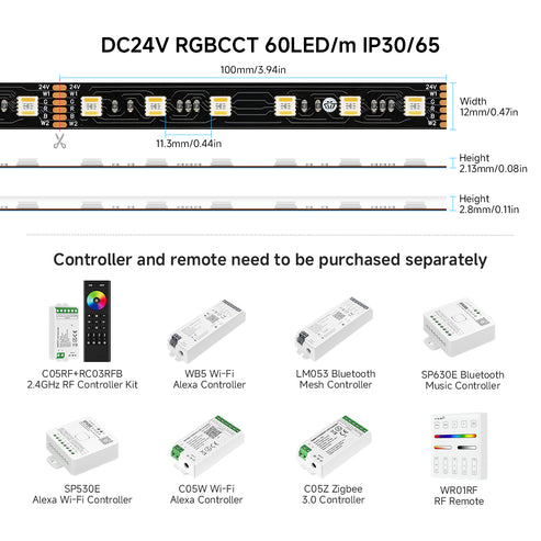 5050SMD RGBCCT 5 Colors in 1 LED LED Strip Light RGB WW CW 3000K - 650 ...