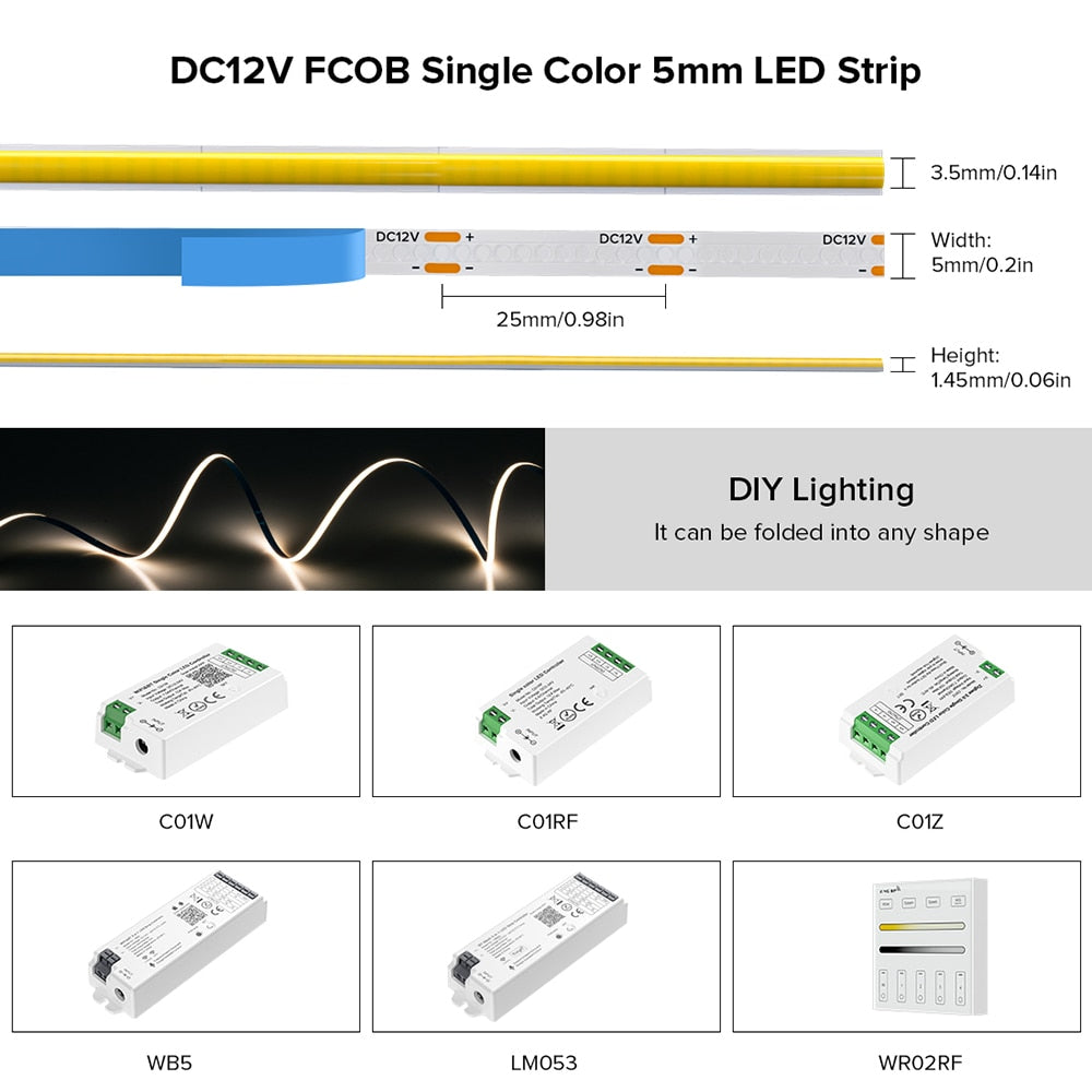 FCOB COB FOB LED Strip 9 Colors 480LEDs 5mm 8mm DC12V 5m Linear Flexib ...