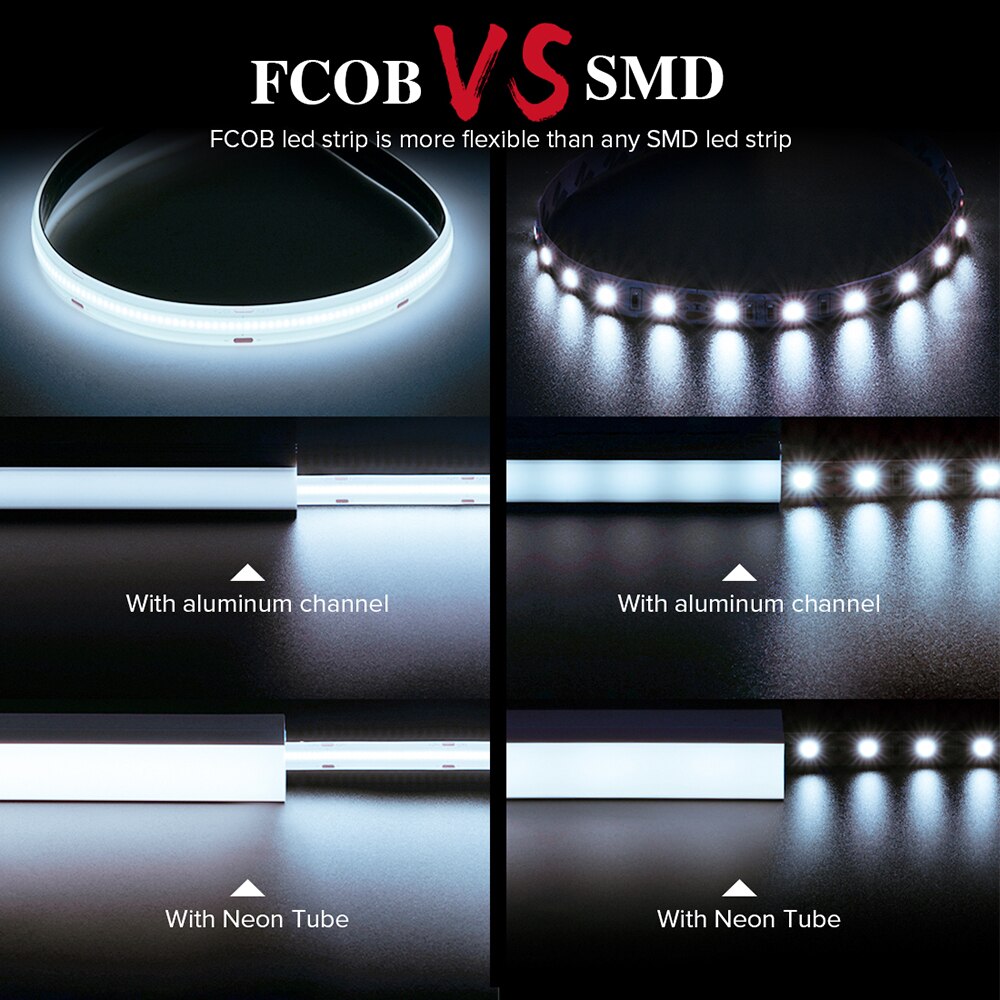 FCOB LED Strip IP65 Waterproof 5M 480 528 640 LEDs Flexible FOB COB Le ...