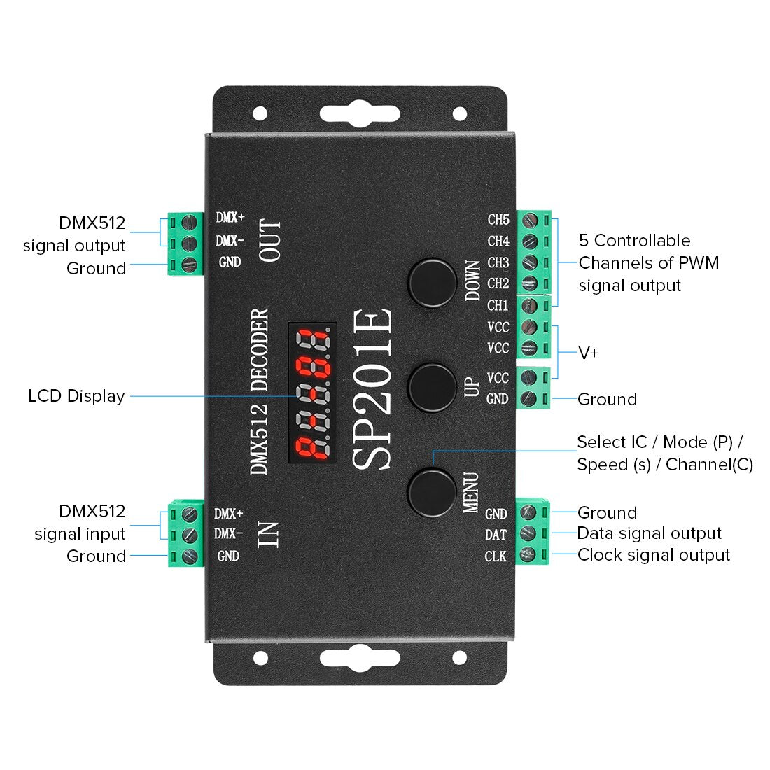 SP201E DMX512 LED Decoder 5CH PWM SPI SK9822 WS2812B WS2811 5050 RGB R – BTF-LIGHTING